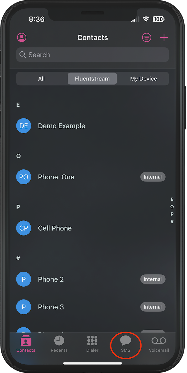 SMS in the FluentCloud Mobile Application on IOS