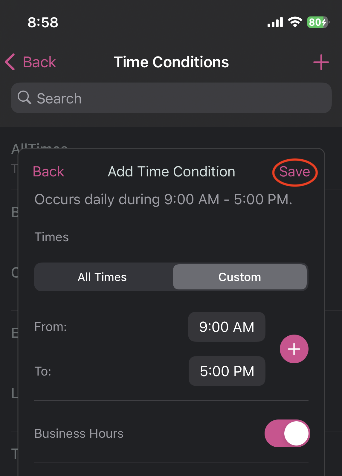 Creating and Removing Time Conditions in the FluentCloud Admin App